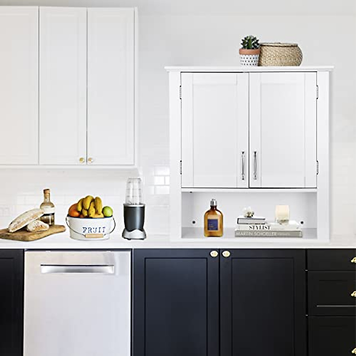 LEMY 2-Door Bathroom Surface Mount Medicine Cabinet, Wood Hanging Cabinet with Adjustable Shelves & Open Storage Over The Toilet for Bathroom Kitchen Bedroom