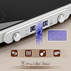 Razorri Electric Induction Cooktop, 2 Burners and Removable Cast Iron Griddle Pan Non-Stick, 1800W Double Burner with Dual Independent Temperature Control, Child Safety Lock & Timer - Ivory White