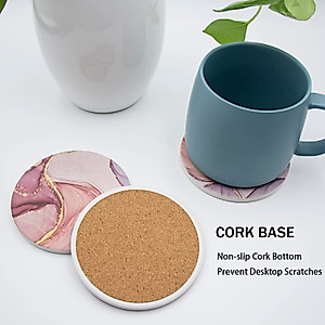 Warmroom Absorbent Pink Marble Ceramic Coasters for Drinks with Gold Holder and Cork Base Set of 6 Round Decorative Tabletop Protection for Coffee Table Bar Kitchen Home and Dining Room