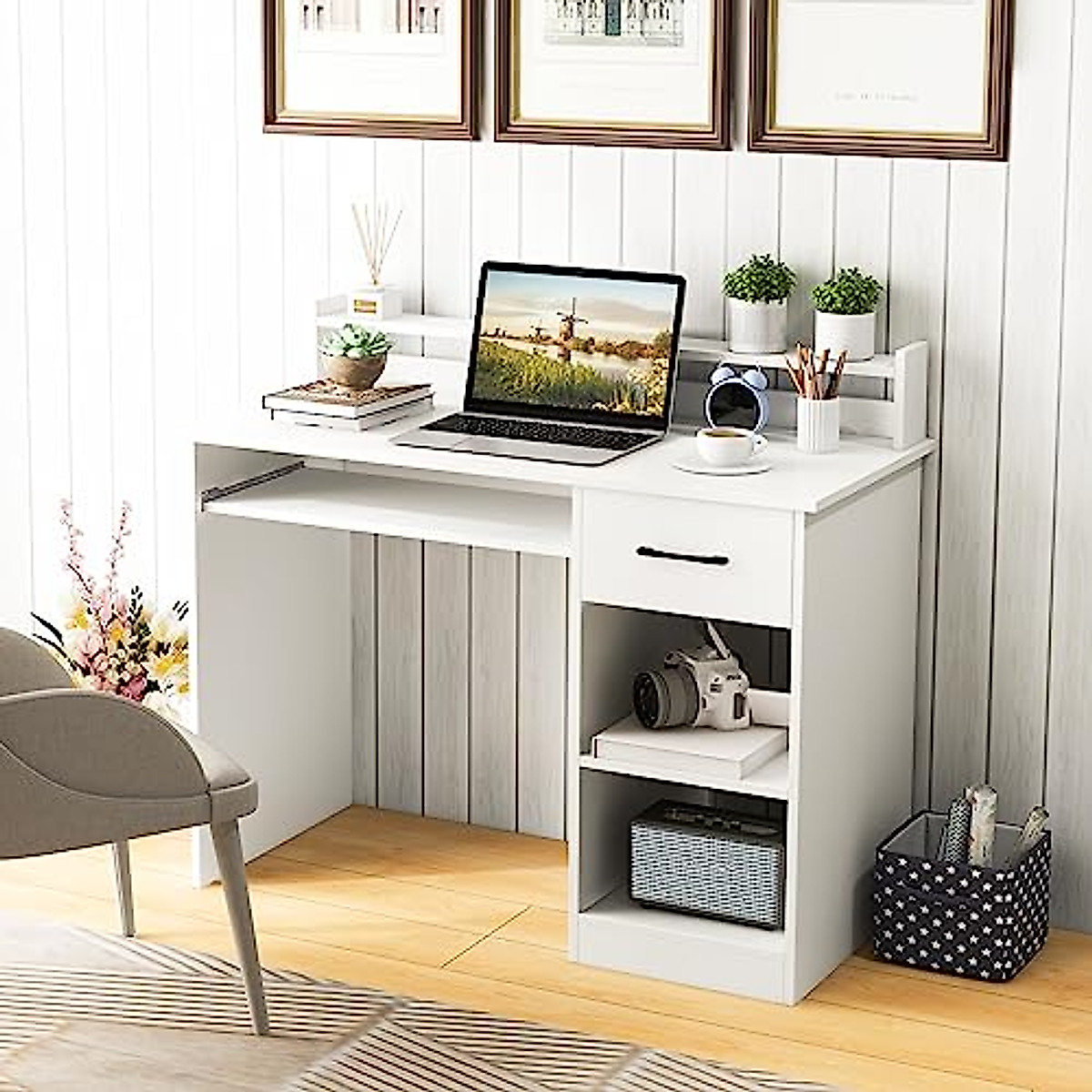GOFLAME White Computer Desk, Home Office Desk with Large Drawers, Hutch, Keyboard Tray, 5-Position Adjustable Open Shelves, Easy Assembly, Writing Desk for Bedroom, Small Space, Living Room(White)