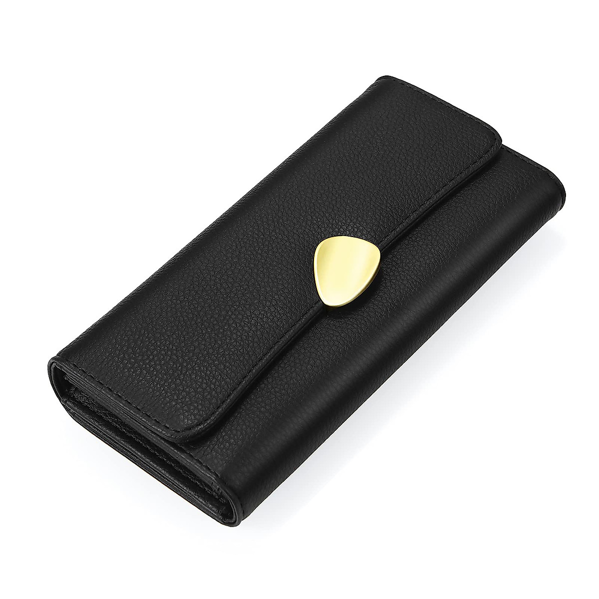 OYATON Clutch Wallets for Women, Soft Faux Leather Women Wallet with Phone Holder Zip Coin Pocket and Cute Leaf Shaped Snap Closure (Black)