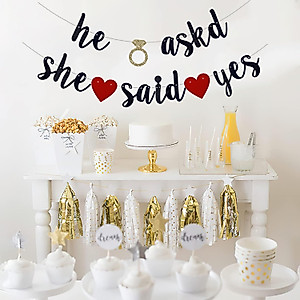 QFiesy He Asked She Said Yes Banner, Black Glitter Bride to Be Decorations, Black Glitter Bunting Sign for Engagement Bridal Shower Wedding Party. (Pre-Strung)