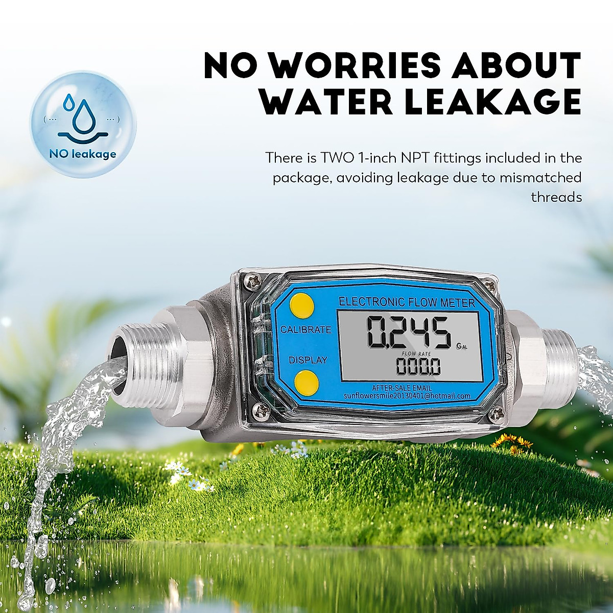 CGOLDENWALL 1-inch Water Meter, Stainless Steel Fuel Meter, Digital Liquid Flowmeter with Two NPT Adapters, Turbine Inline Flow Meter for Diesel Kerosene Gasoline, Required Liquid Flow Rate 2.5~26GPM