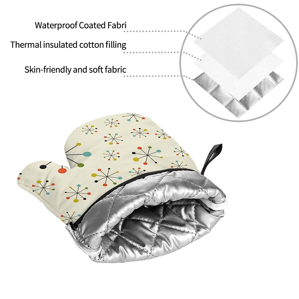 Retro Modern Oven Mitts and Pot Holders Sets, 4 Piece Set, Heat Resistant Polyester Gloves and Pads for Kitchen Cooking Baking Grilling BBQ