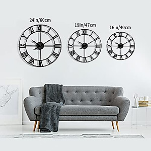 LEIKE Large Modern Metal Wall Clocks 40CM Round Nearly Silent Little Ticking Outdoor Black Roman Numeral Clock for Kitchen,Living Room,Bedroom Wall Decor