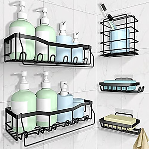 MEINV 5 Packs Shower Caddy Shelves, Black Self Adhesive Shower Shelf Organizer with Hooks and Towel Rod, Wall Mounted Rustproof Stainless Steel Inside Shower Racks No Drilling for Bathroom Kitchen