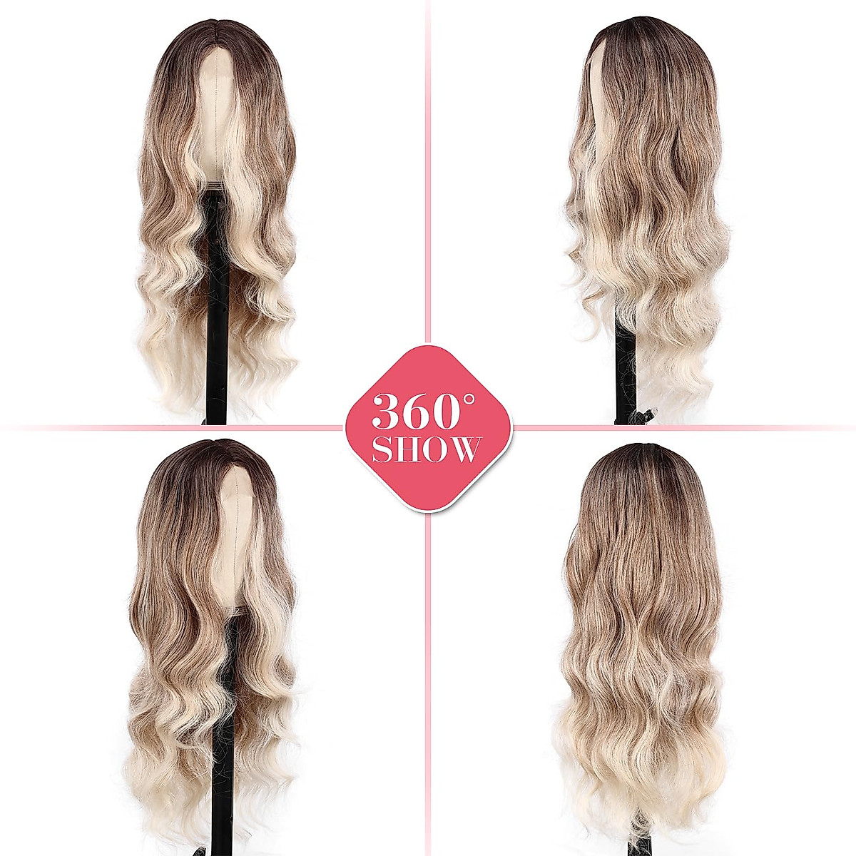 Sodfey Long Brown Mixed Blonde Wavy Wig for Women Middle Part Curly Wavy Wig Natural Looking Heat Resistant Fiber Synthetic Wig for Daily Party Use (26in, R2/6/26)