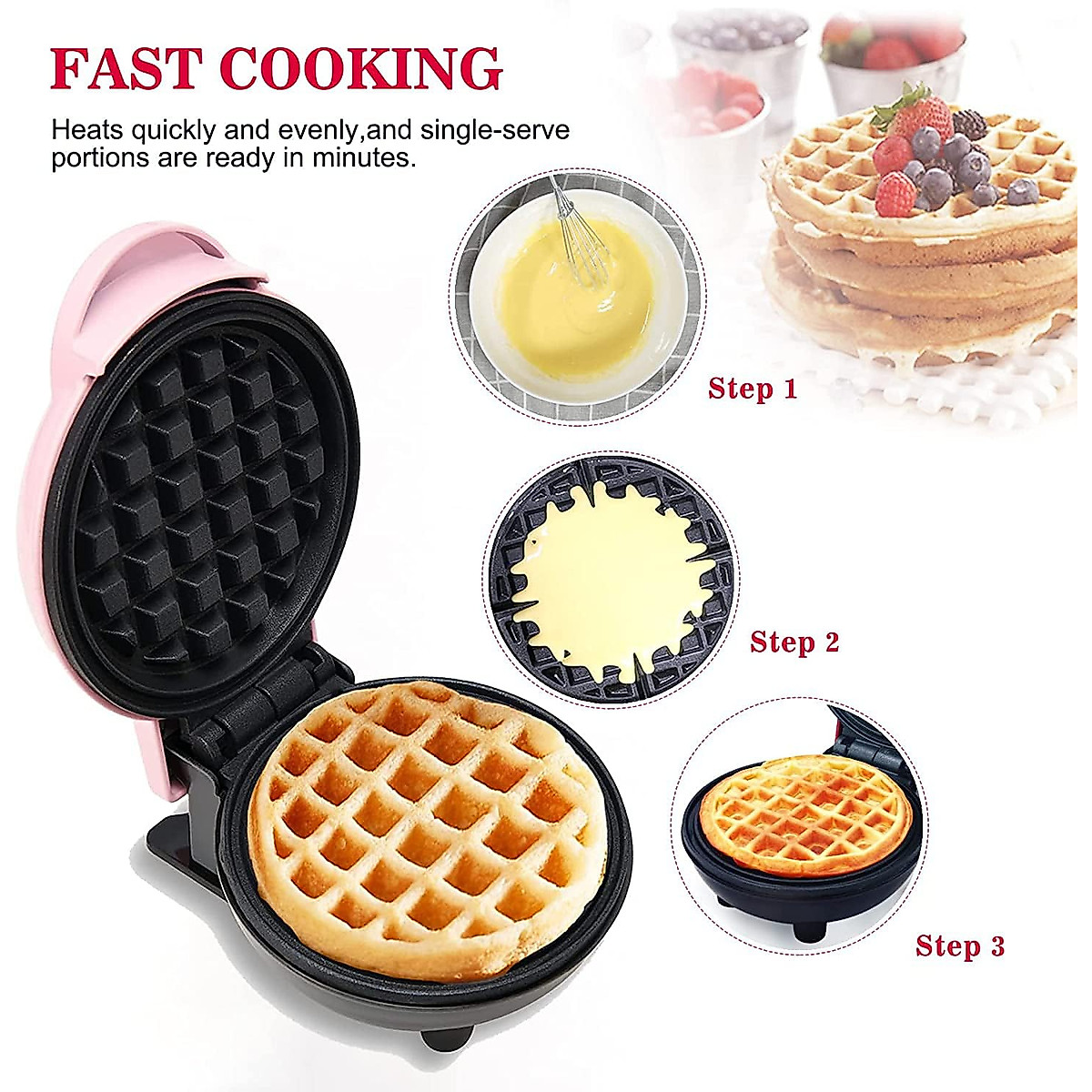 Mini Maker Waffle Maker 5“ Non-Stick Waffler Iron Stuffler Stuffed Wafflera Adjustable Browning Control, Heart, Azure