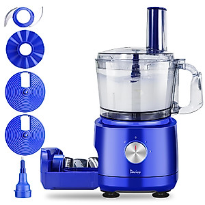 Davivy Food Processor 7 Cup,Built-in Storage Drawer Small Food Processor with 10 set blades,French fry cutting,Wavy slicing for Home Use,3-Speed, Blue,600W