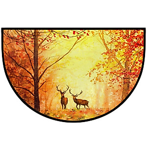 Half Round Door Mat Fall Deer Washable Half Circle Area Rugs Christmas Deer Non Slip Half Moon Rug Semi Circle Bathroom Rugs Floor Carpet for Kithen Bedroom Indoor Fireplace Decor