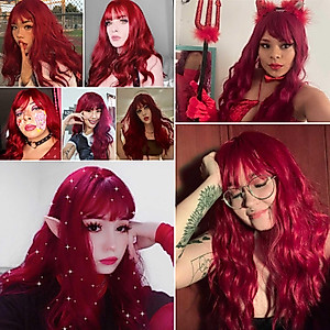 andromeda Red Wig with Bangs Soft Long Wavy Wigs for Women Curly Synthetic Wig Replacement Halloween Costumes Cosplay Party Wigs (Red)