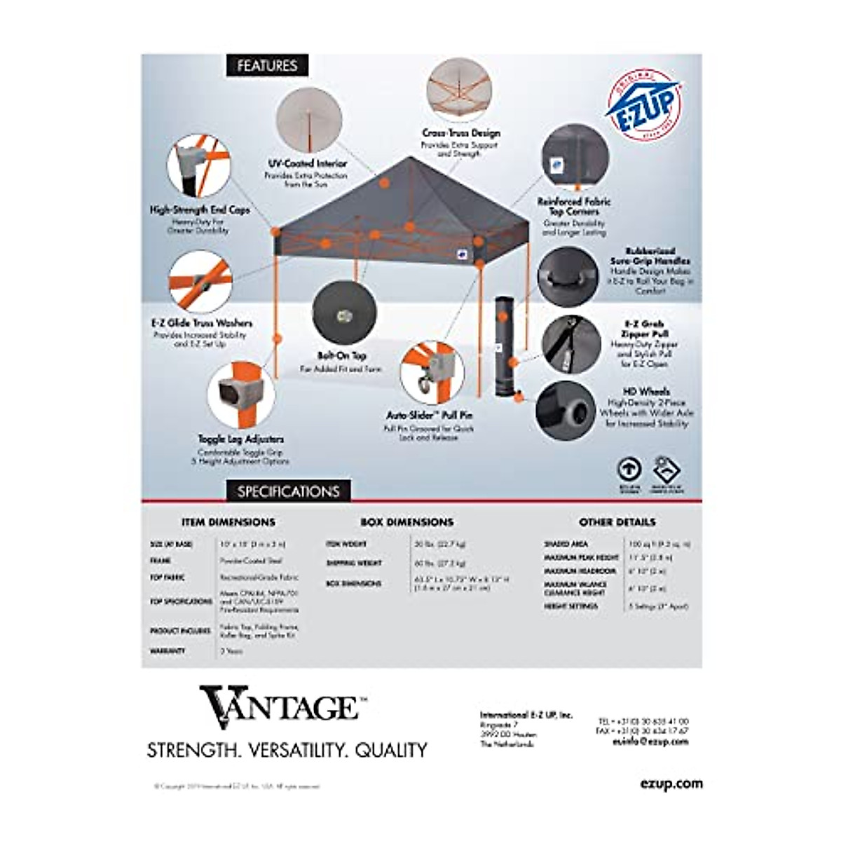 E-Z UP Vantage Instant Shelter Canopy, 10' x 10', White Powder-Coated Steel Frame with Wide-Trax Roller Bag & 4 Piece Spike Set, White