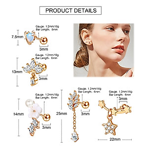 JOERICA 9Pcs Cartilage Earrings for Women 16G 316L Stainless Steel Gold Plated CZ Dangle Conch Helix Tragus Cartilage Stud Ear Piercing Jewelry