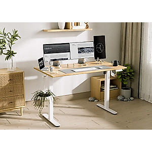 INNOVAR Solid Wood Electric Standing Desk, 55x24 Inches Adjustable Height Stand up Desk with Whole Piece Desktop, Sit Stand Home Office Desk White Frame/Nature Top