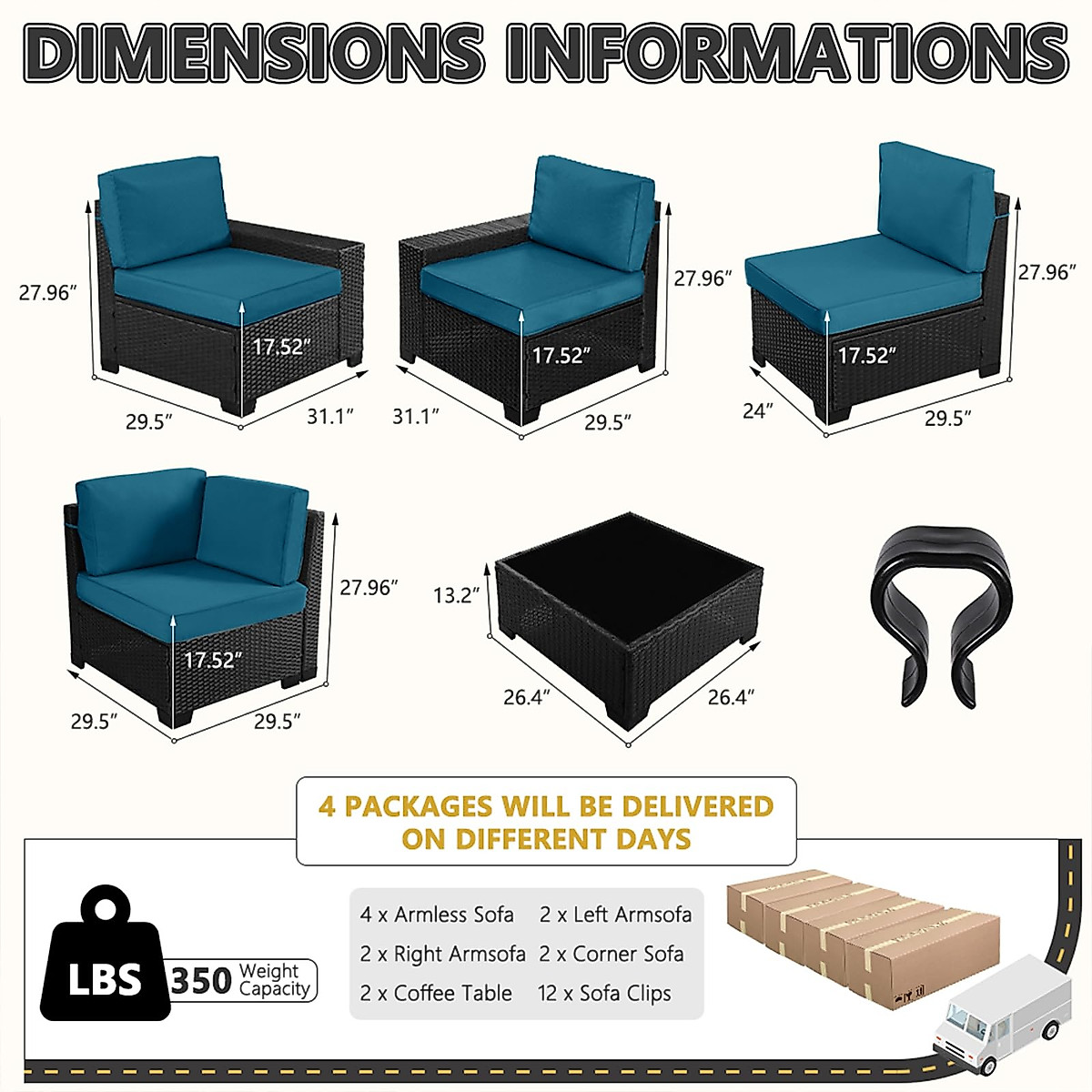 12 Piece Modular Wicker Outdoor Patio Sectional Furniture Sofa Set w/ Cushion, Outdoor Conversation Couch Set with Sloping Backrest and Wide Arm for Patio, Garden(Black Frame / Peacock Blue Cushion)