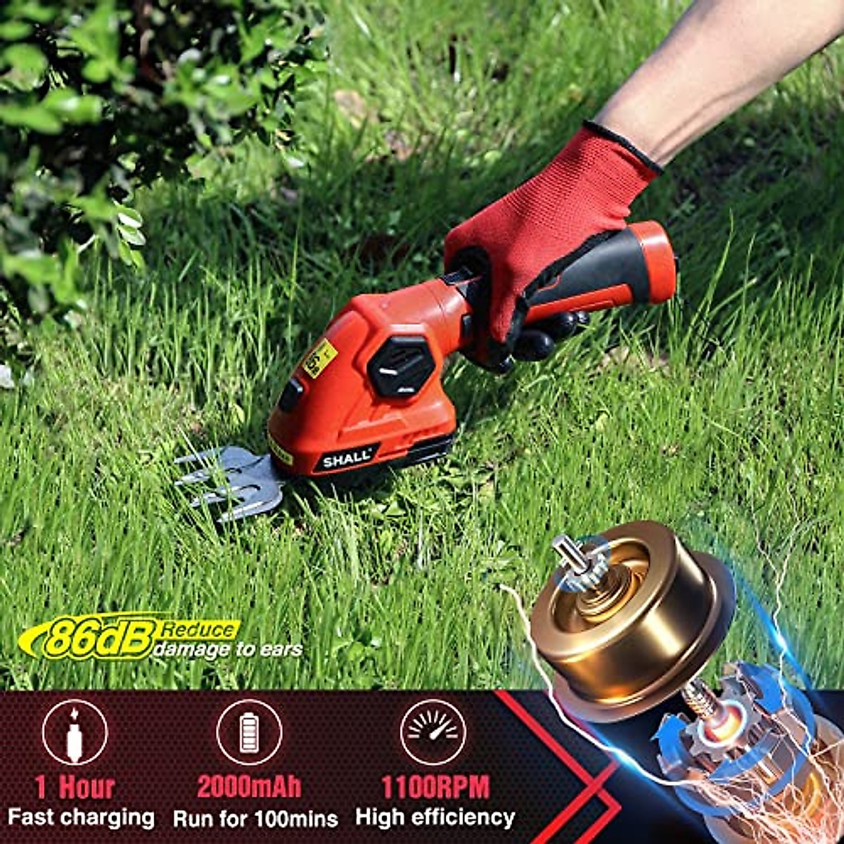 SHALL Cordless Grass Shear & Hedge Trimmer - 7.2V Electric Shrub Trimmer 2 in 1 Handheld Grass Trimmer Hedge Shears, Hedge Clippers Grass Cutter w/Pruning Scissor, Rechargeable Battery & Fast Charger