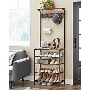 VASAGLE Hall Tree with Shoe Bench, Coat Rack Shoe Bench, 5-Tier Shoe Rack Different Heights, 5 Dual Hooks, Top Shelf, Entryway Organizer, Hallway Bedroom Dorm, Rustic Brown and Black UHSR412B01
