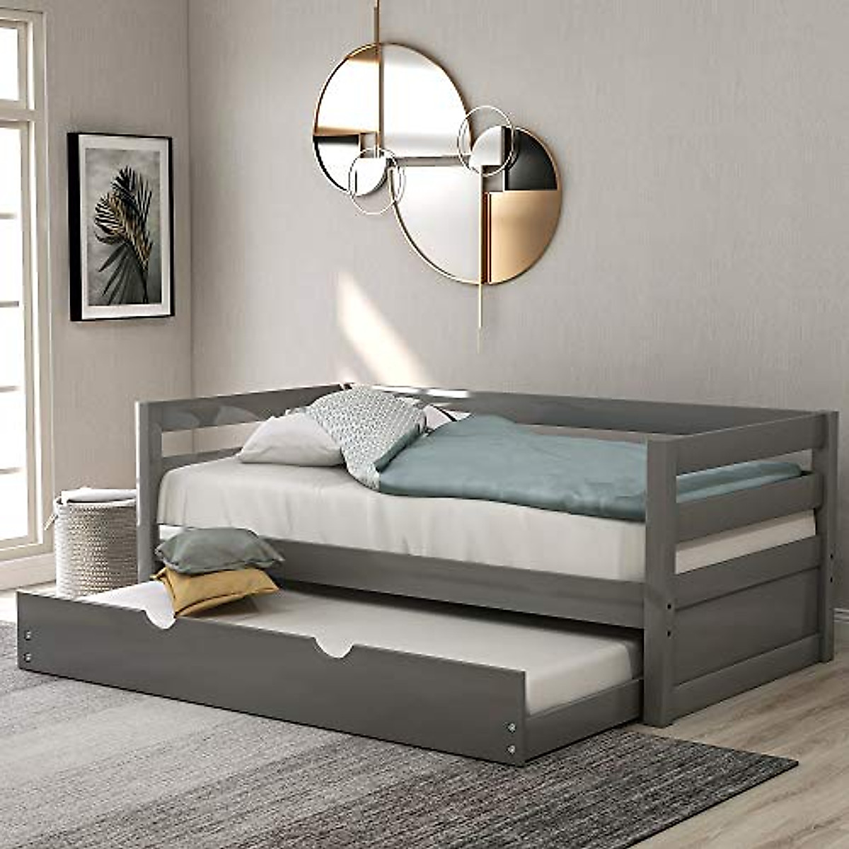Merax Twin Daybed with Trundle, Solid Wood Captains Bed Twin Size Sofa Bed Frame (Grey)
