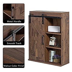 Rustory Rustic Wooden Wall Mounted Storage Cabinet with Sliding Barn Door, Decorative Farmhouse Medicine Cabinet for Kitchen Dining, Bathroom, Living Room (Dark Walnut)