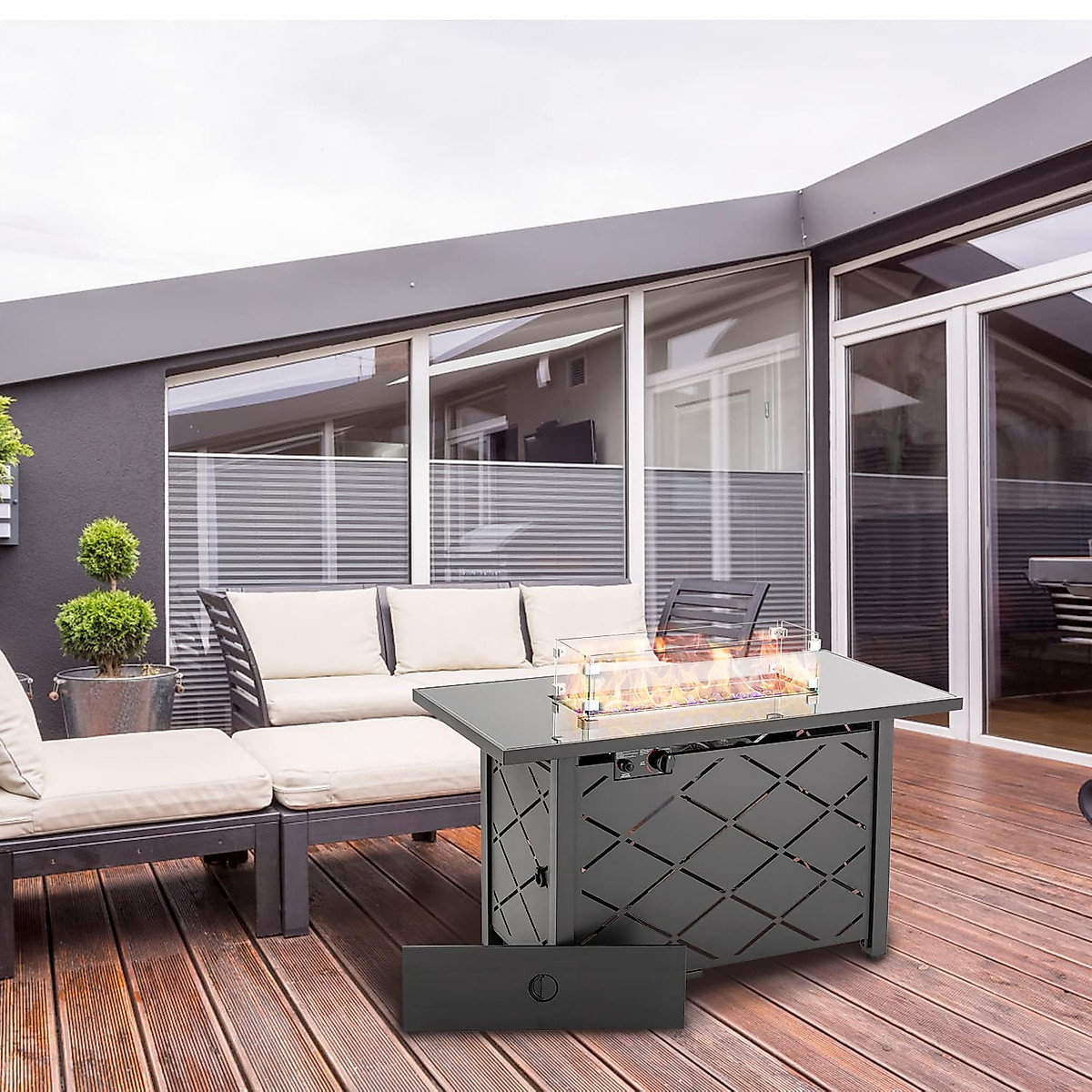 43 in Propane Fire Pit Table,Fire Pit Table with Glass Wind Guard,60,000 BTU Auto-Ignition Gas Fire Pit,CSA Certification and New Black Tempered Glass Tabletop ,for Outdoor, Patio