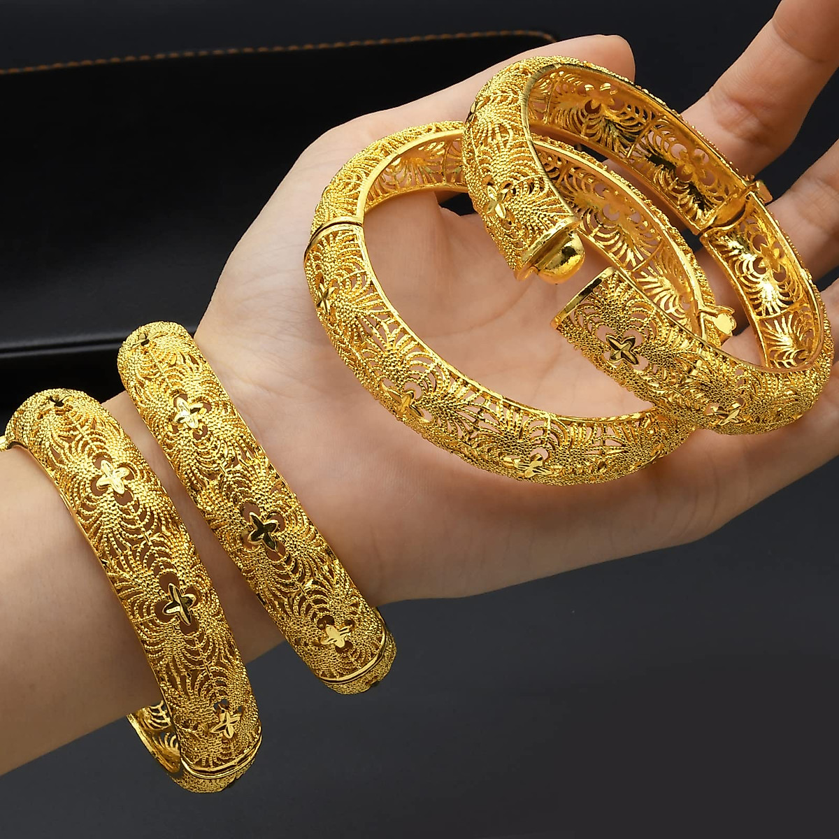 Dubai Gold Bangles for Women Indian African Wedding Bracelets Gold Plated Ethiopian Bridal Jewelry-4pcs