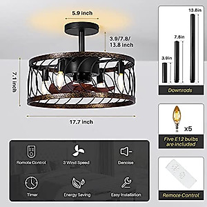 Rustic Hand-Swept Gold Paint Accents Sand Black Fandelier Ceiling Fans with Lights and Remote, Farmhouse Caged Semi-Flush Mount Ceiling Fan with Height Adjustment, Reverse Quite Motor for Indoor