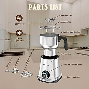 Milk Frother Electric, JoooDeee Automatic Milk Frother 600ml Removable 6 in 1 Dishwasher Safe Milk Container, Quiet, 500W, Stainless Steel