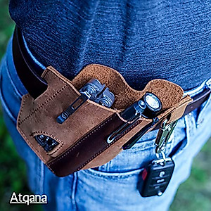Atqana Multitool Sheath for Belt - EDC Pocket Organizer | Leatherman Holster | Leather Multitool Pouch with Pen Holder, Flashlight Sheath and Key Fob Clip | Handmade Leather EDC Organizer (Brown)