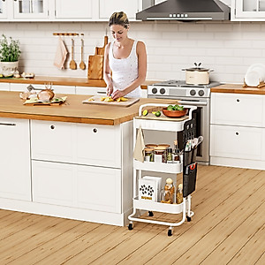 DTK 3 Tier Metal Utility Rolling Cart with Table Top and Side Bags, Metal Tray Storage Organizer Cart with Wheels, Art Craft Cart with 4 Hooks for Kitchen Bathroom Office Living Room (White)