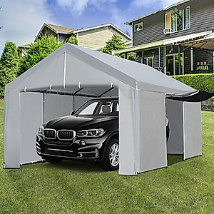 ACONEE Carport 10×20 FT Heavy Duty Car Canopy Storage Shed, Portable Garage Party Tent with Removable Sidewalls & Doors, Reinforced Triangular Beam, All Metal Frame, Garage Shelter Waterproof, Grey