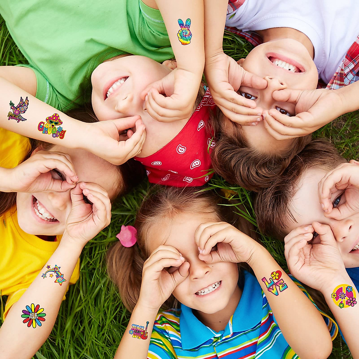 Chinco 144 Pieces Hippie Temporary Tattoo Stickers for Kids 70s 80s 90s Groovy Hippie Tattoos Hippie Face Tattoos Love and Peace Tattoos Multi Temporary Tattoos Decals for Tie Dye Hippie Party Favors