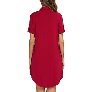 Samring Womens Nightshirt V Neck Boyfriend Sleepwear Shirts Loose Sleeve Button Sleep Tee Red S