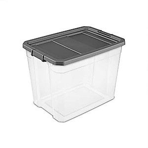 Sterilite 108 Qt. Clear Stacker Modular Storage Container Tote Box with Recessed Latching Lid for Household Organization & Management, Grey, (4 Pack)