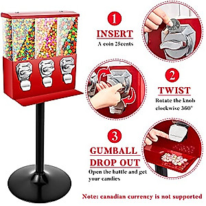Treela Commercial Candy Vending Machine with Stand, Gumball Vending Machine for Business, Triple Head Vending Machine with Removable Canisters, 25 Cent Coin Operated Candy Dispenser for Park Stores