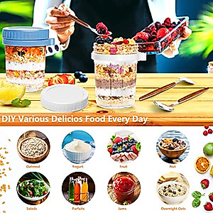 Overnight Oats Containers with Lids and Spoon, Wide Mouth Mason Jars 16 Oz Overnight Oats Jars with Measure Mark, 2 Pack Oatmeal Container Glass Mason Jars for Overnight Oats Salad Yogurt (White/Blue)