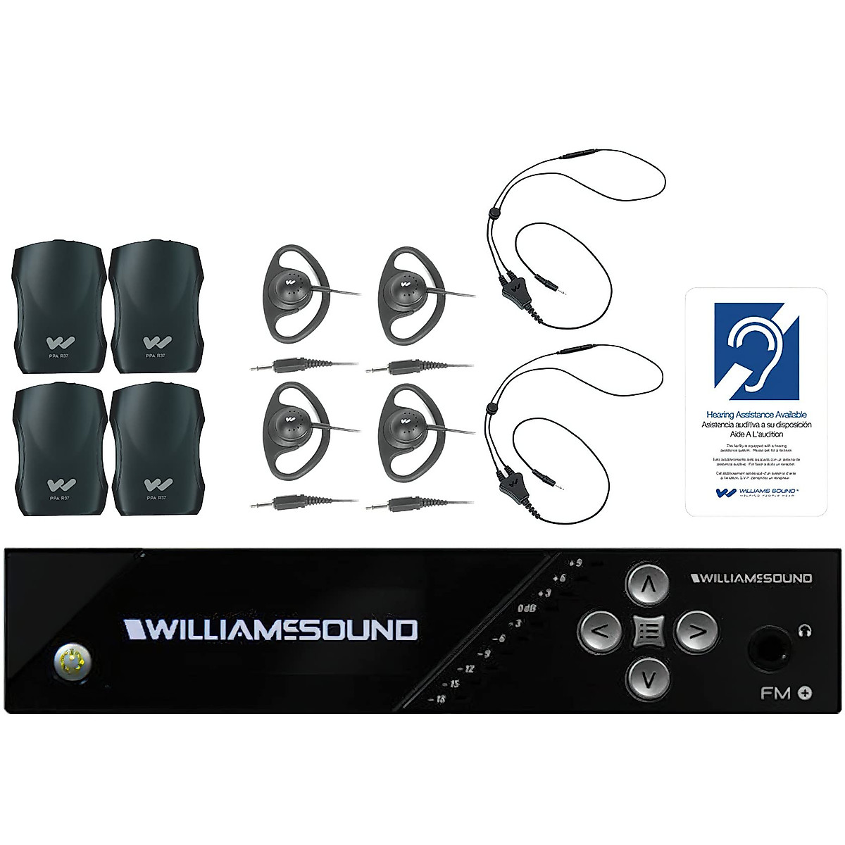 Williams AV FM 557 Large-Area Dual FM Plus and Wi-Fi Assistive Listening System with FM T55 Transmitter, (4) PPA R37N Receivers, (4) EAR 022 Earphones, (2) NKL001 Neckloops and IDP 008 ADA Wall Plaque