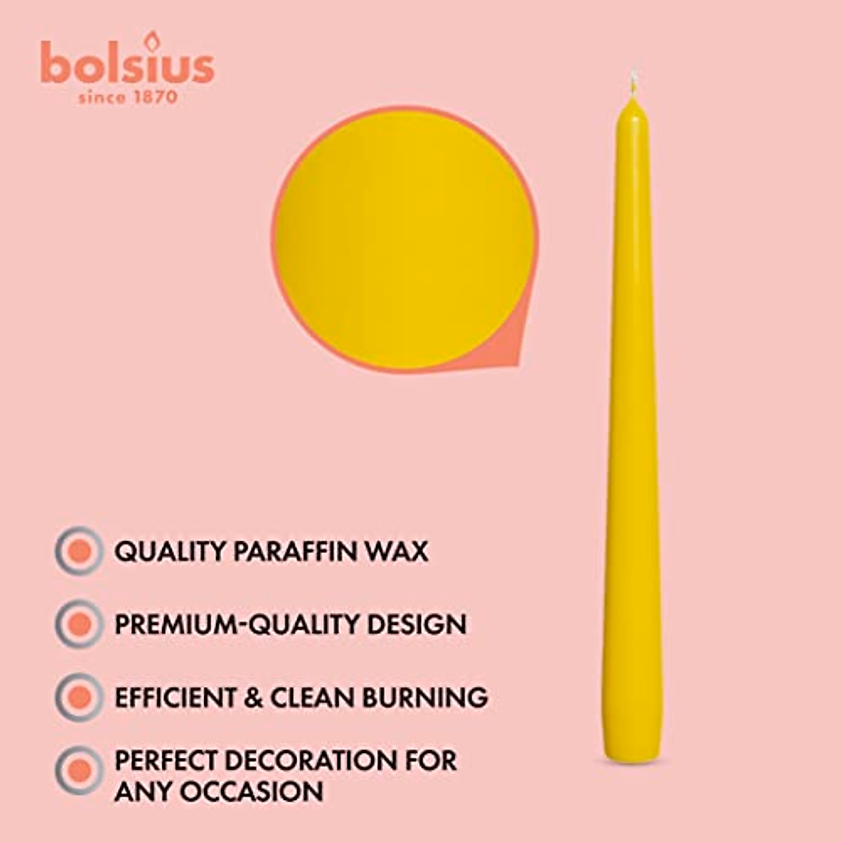 BOLSIUS Yellow Taper Candles - 12 Pack Individually Wrapped Unscented 10 Inch Dinner Candle Set - 8 Burn Hours - Premium European Quality - Smokeless & Dripless Household Wedding & Party Candlesticks