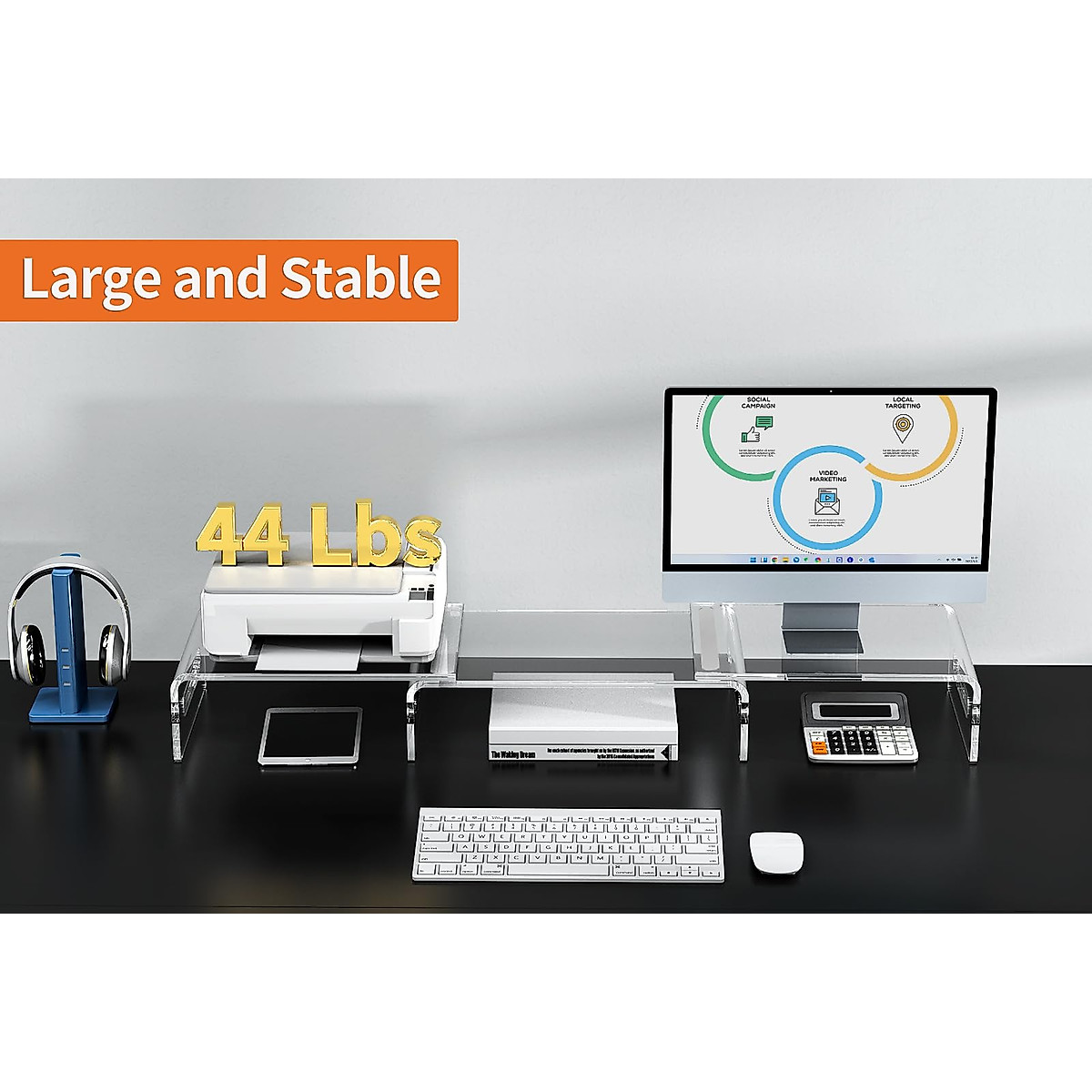 ErgoFocus Acrylic Monitor Stand Riser, Dual Monitor Stand with Adjustable Length and Angle, Clear Monitor Stand for 2 Monitors, 3 Shelf Monitor Stand Riser with Anti-Slip Mat for Computer