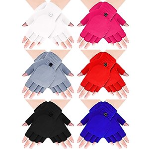 SATINIOR 6 Pairs Women Convertible Gloves Winter Flip Fingerless Mittens Thick Knitted Half Finger Gloves with Cover(Black, White, Gray, Rose Red, Red, Royal Blue)