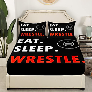 Wrestling Sports Bedding Set Twin Size,Eat Sleep Wrestle Themed Fitted Sheet for Kids Boys Bedroom,Wrestle Rodeo Black Red Microfiber Soft Bed Cover,1 Pillow Case