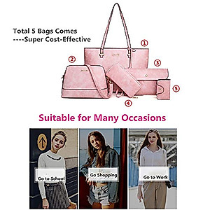 Handbag Set for Women 5 Pack Tote Purse Handbags Set PU Leather Satchel Shoulder Crossbody Wallet Card Holder Bag Set, Pink