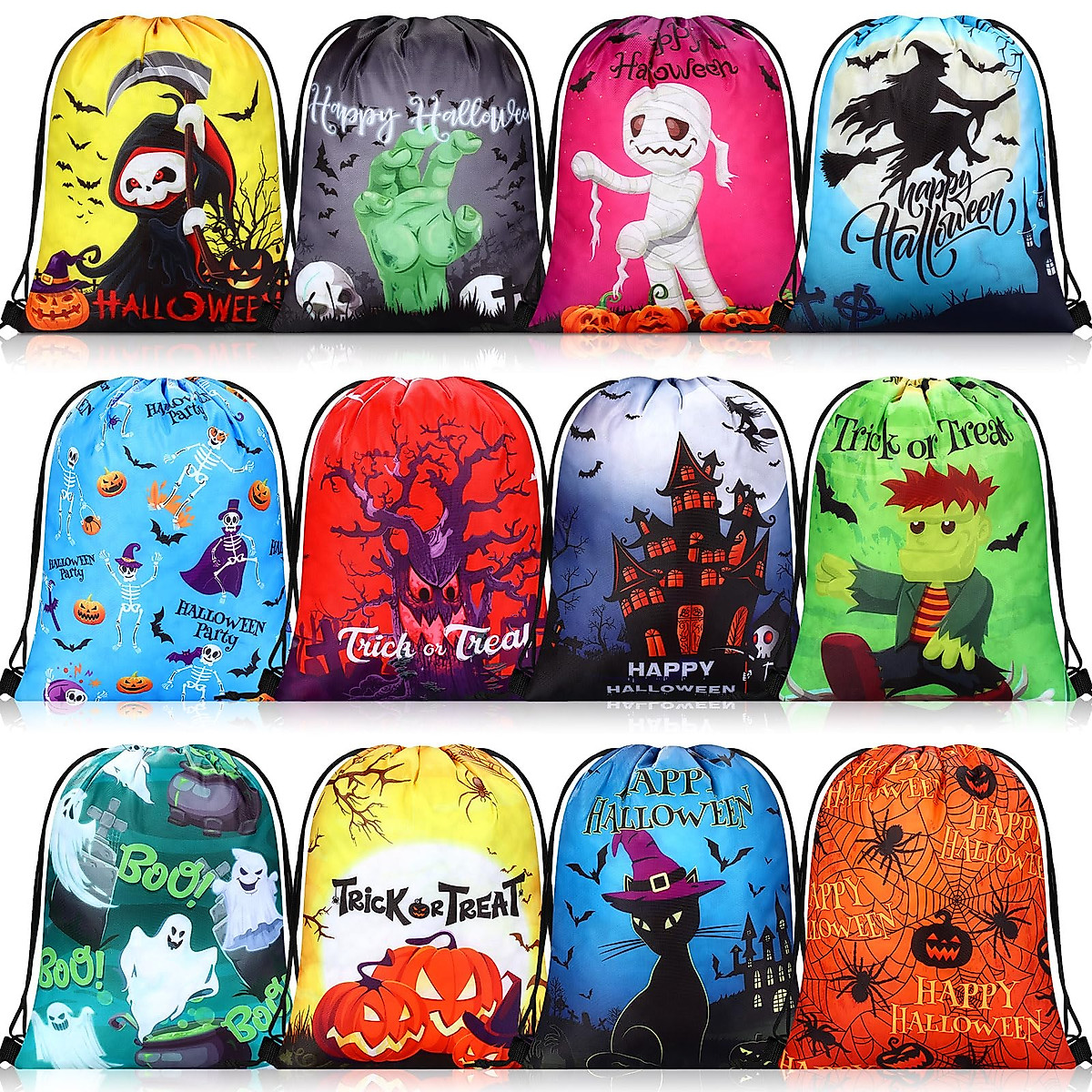 Paterr 16 Pcs Halloween Party Favor Halloween Drawstring Bag Pumpkin Witch Ghost Carnival Candy Goodie Treat Gift Bag for Halloween Birthday Party Decor, 10 x 12 Inch