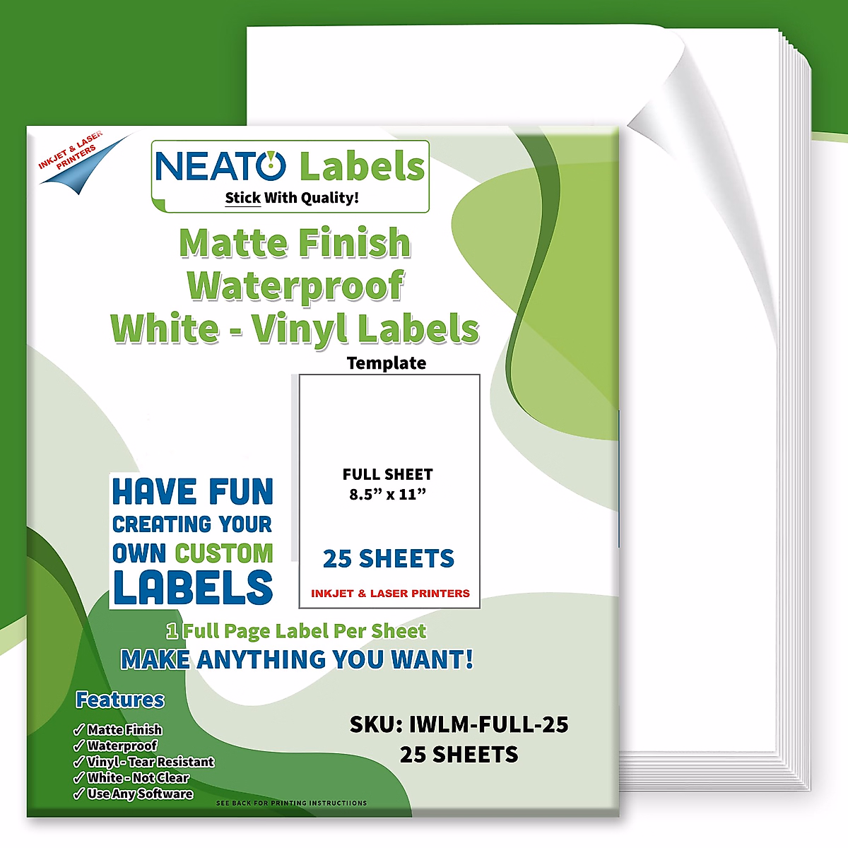 Custom Printable Matte Vinyl Stickers - 25 Sheets - Waterproof, Tear Resistant Full Sheet Label for Inkjet & Laser Printers & All Cutting Machines - 8.5 x 11" - Customizable Blank White Stickers