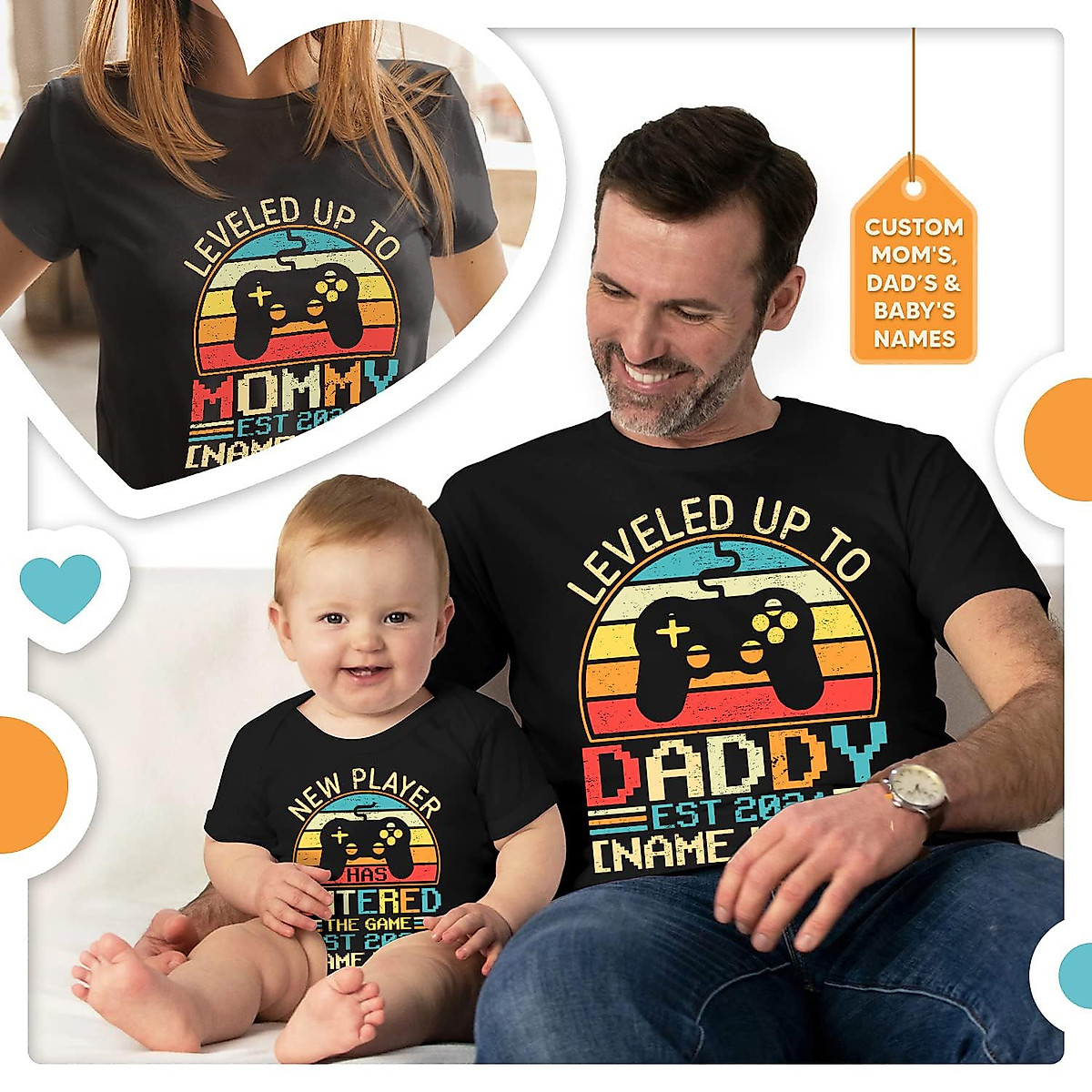 Personalized Family Matching Shirts for 3, Leveled Up to Daddy Mommy Gaming, New Player Has Entered The Game, Customized Name Matching Black Shirts for New Parent Gifts, First Mothers Day