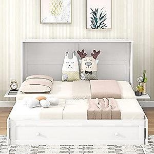 Flieks Queen Size Mobile Murphy Bed, Queen Platform Bed with Drawer and Little Shelves on Each Side, White