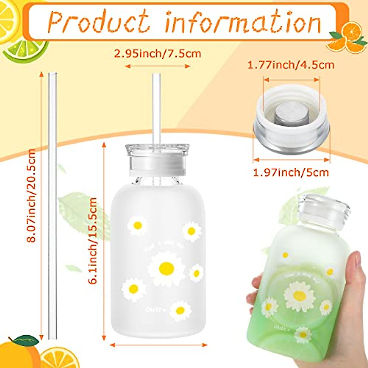 3 Pcs 480ml/16oz Cute Glass Water Bottles Reusable Aesthetic Milk Juice Water Bottles with Scale 6 Lids and 3 Straws Portable Matte Glass Cups Little Daisy Kawaii Frosted Bottles for Women Girls