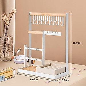 Jewelry Organizer Stand with Velvet Ring Holder, 4 Tier Jewelry Holder Organizer with 15 Hooks Necklace Organizer and Watch Bracket Holder, Jewelry Stand with 16 Holes for Earring Holder, White
