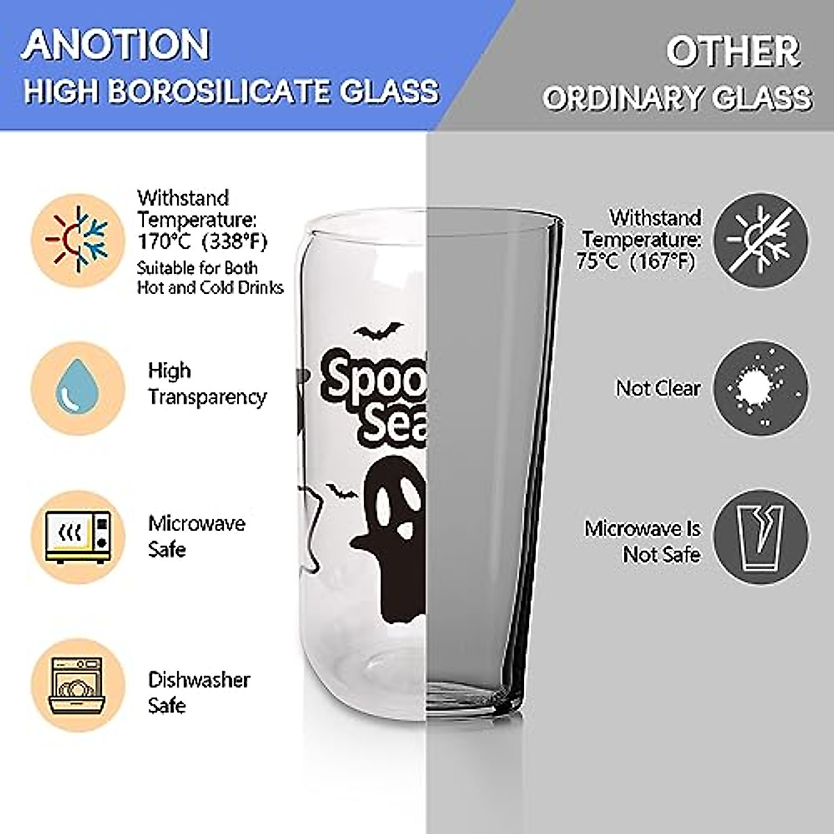 ANOITON Spooky Season Decor - 18oz Ghost Mug with Lid and Straw, Indoor Halloween Party Supplies