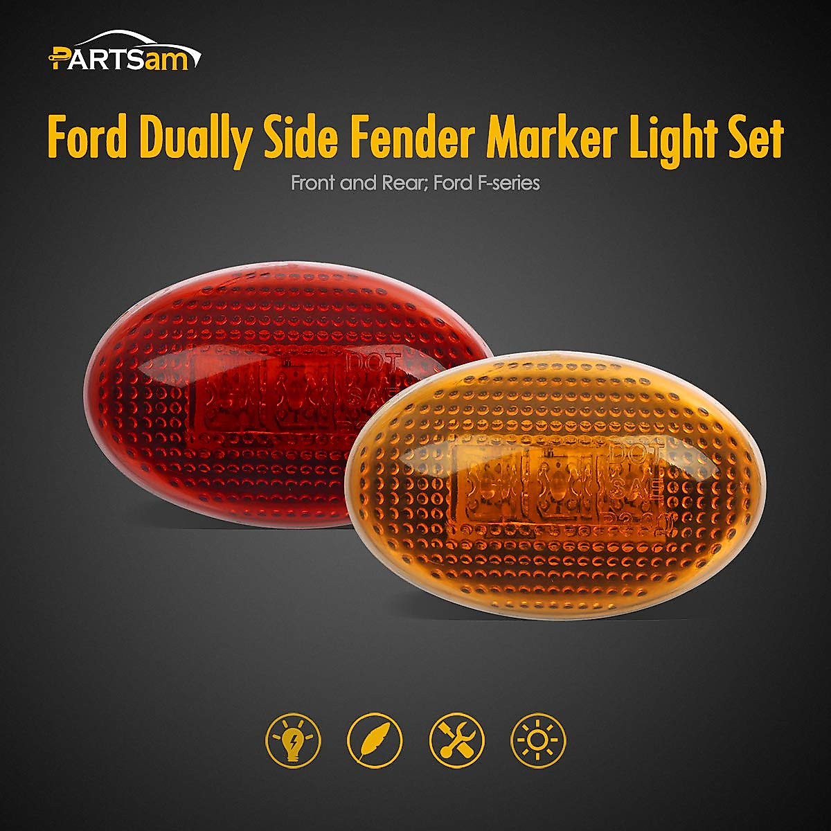 Partsam 2X Amber + 2X Red Side Fender Marker Assembly Replacement for Ford F350 F450 F550 1999-2010 Super Duty Full Kit Dually Bed Led Fender Side Marker Lights Aftermarket Front Rear w/ T10 Plug