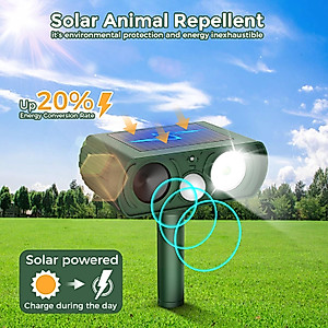 Solar Ultrasonic Animal Repellent Outdoor, Deer Repellent Devices Motion Detection, Waterproof Cat Squirrel Mouse Raccoon Dog Bird Repellent Deterrent with LED Flash Light for Yard Farm Garden